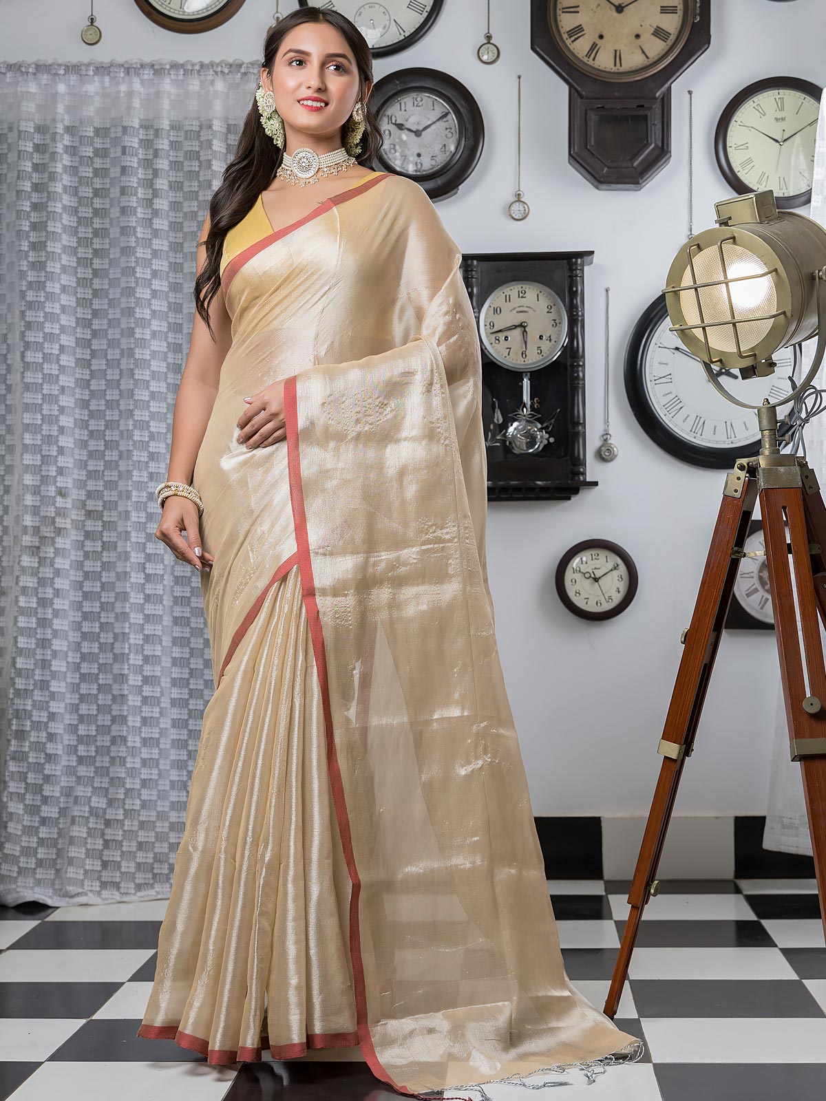 Beige Cotton Tissue Saree - 21831 – AEVUM