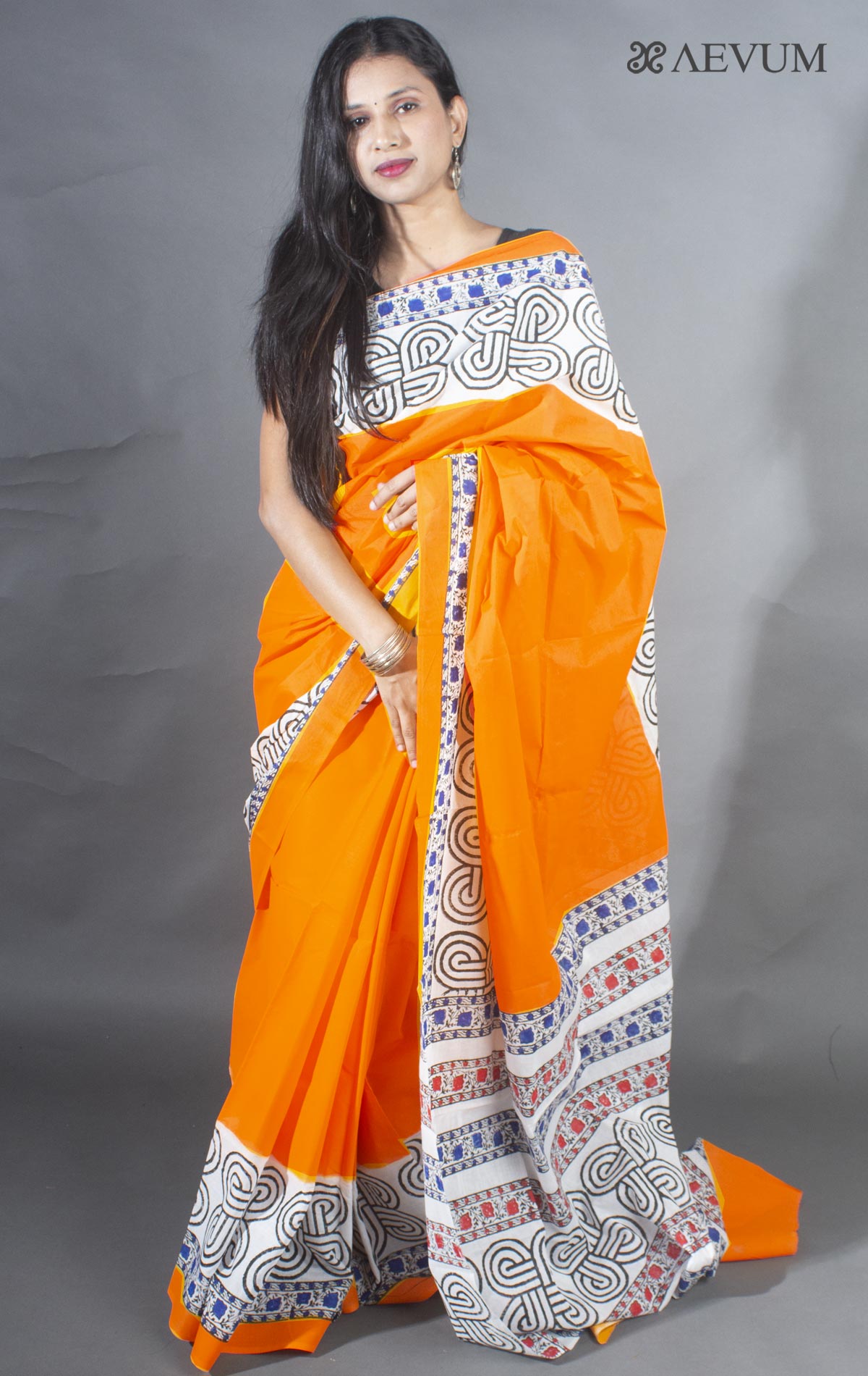 Soft Cotton Mulmul Block Printed Saree- 9150 – AEVUM